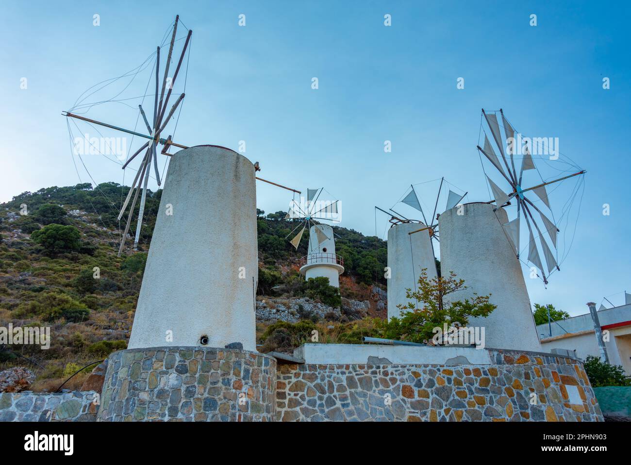 Windmills of Seli Ambelou at Greek island Crete Stock Photo - Alamy