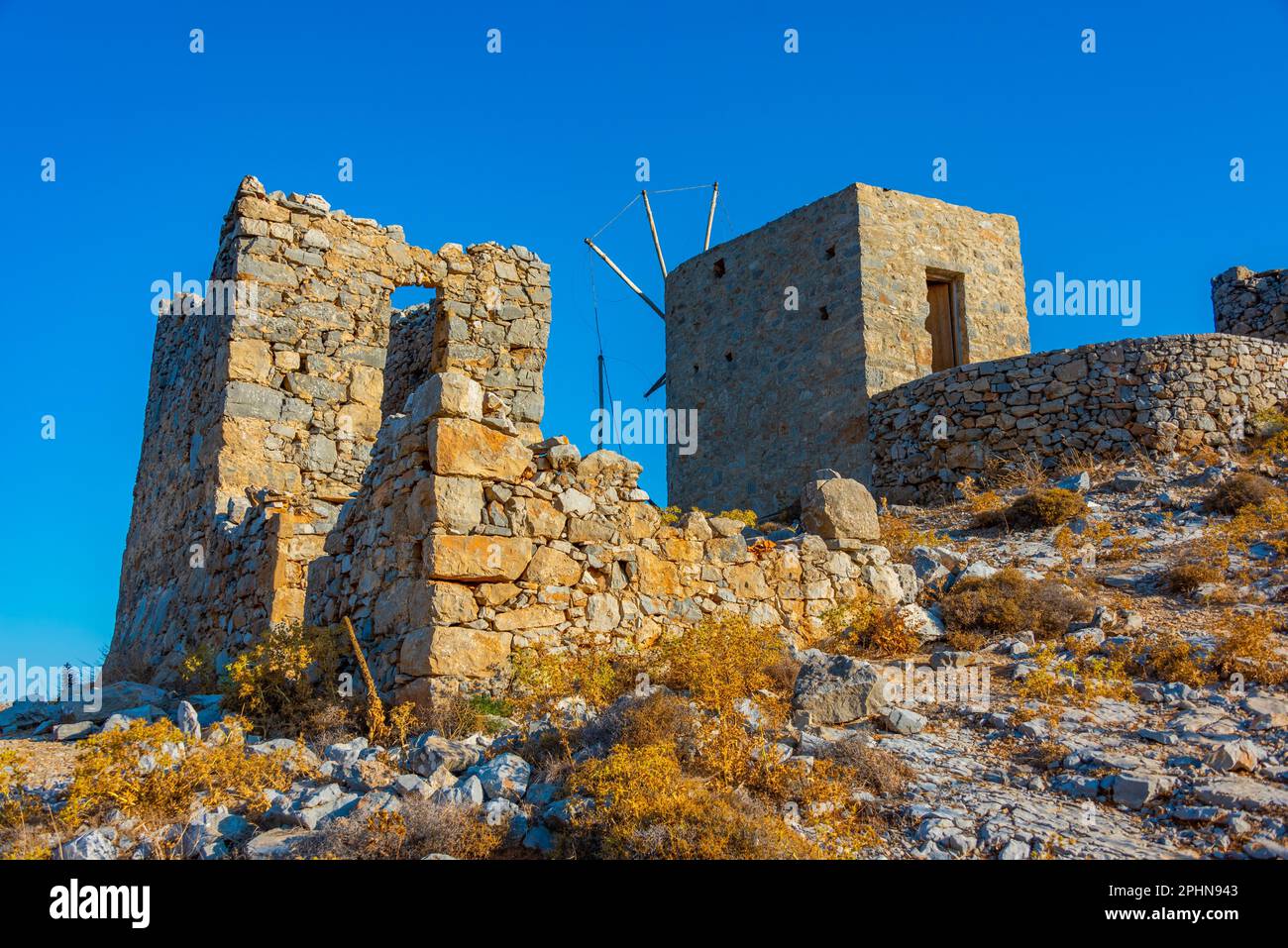 Windmills of Seli Ambelou at Greek island Crete Stock Photo - Alamy