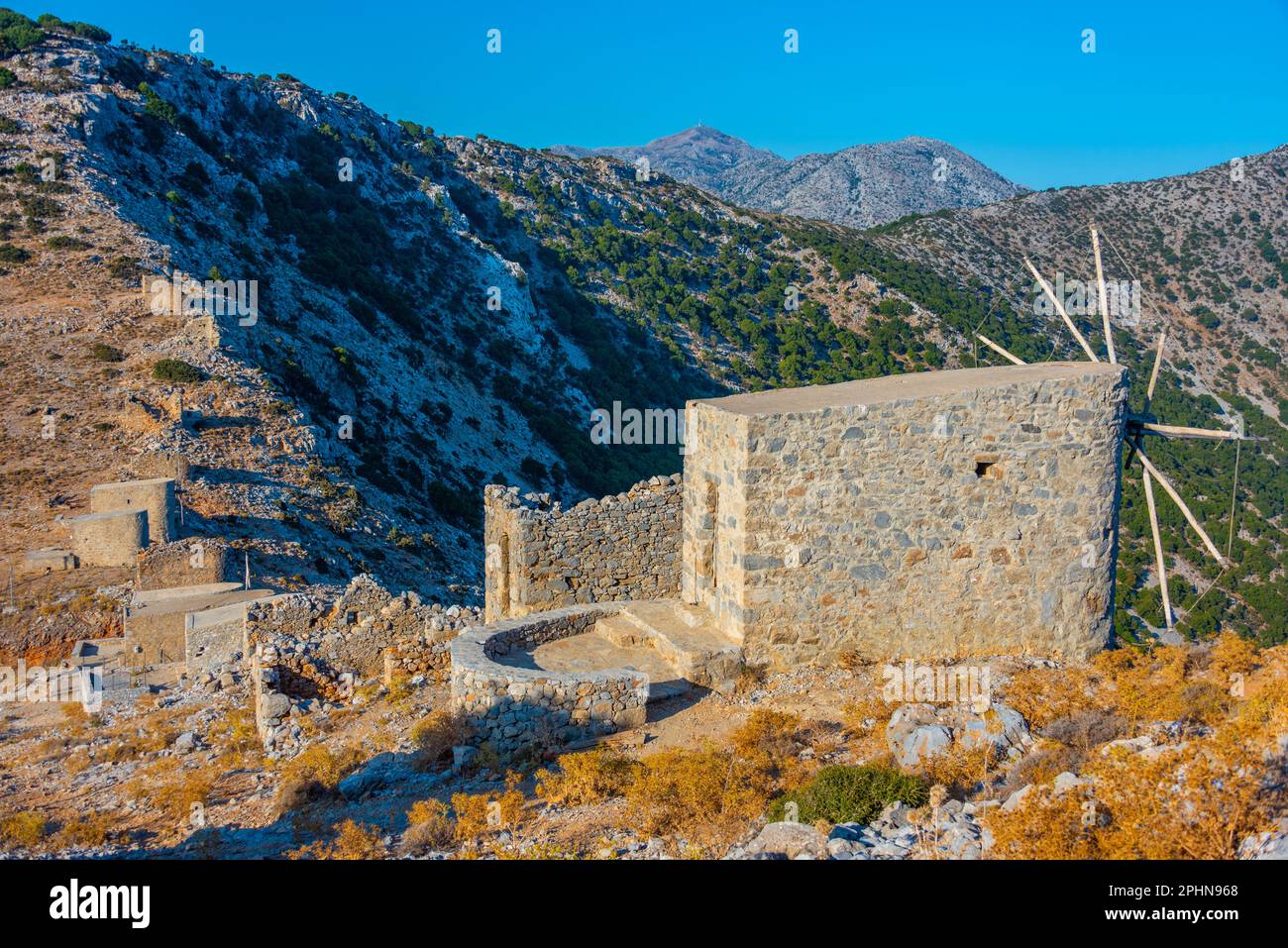 Windmills of Seli Ambelou at Greek island Crete Stock Photo - Alamy