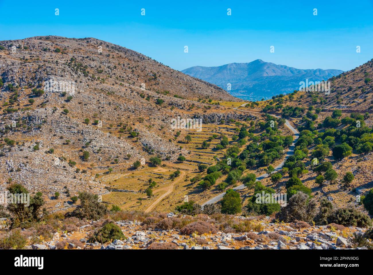 Mountain pass leading to Lasithi plateau at Greek island Crete Stock ...