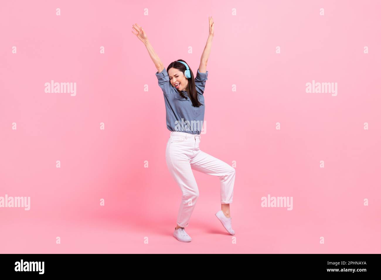 Full body photo of crazy addicted music lover agent worker girl raise ...