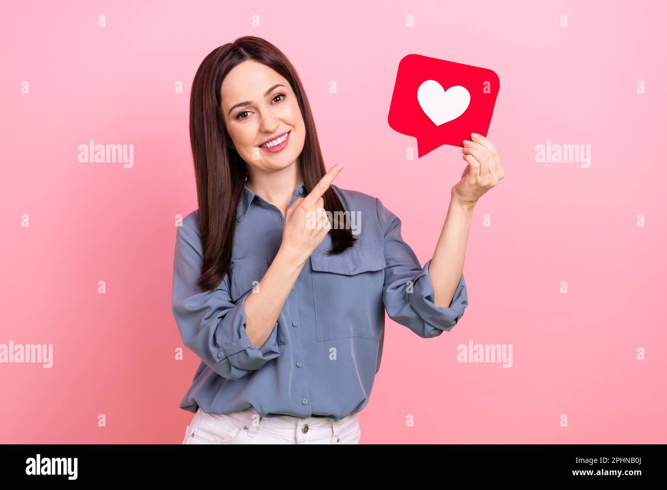 Photo of cheerful stunning lady influencer wear stylish clothes ...