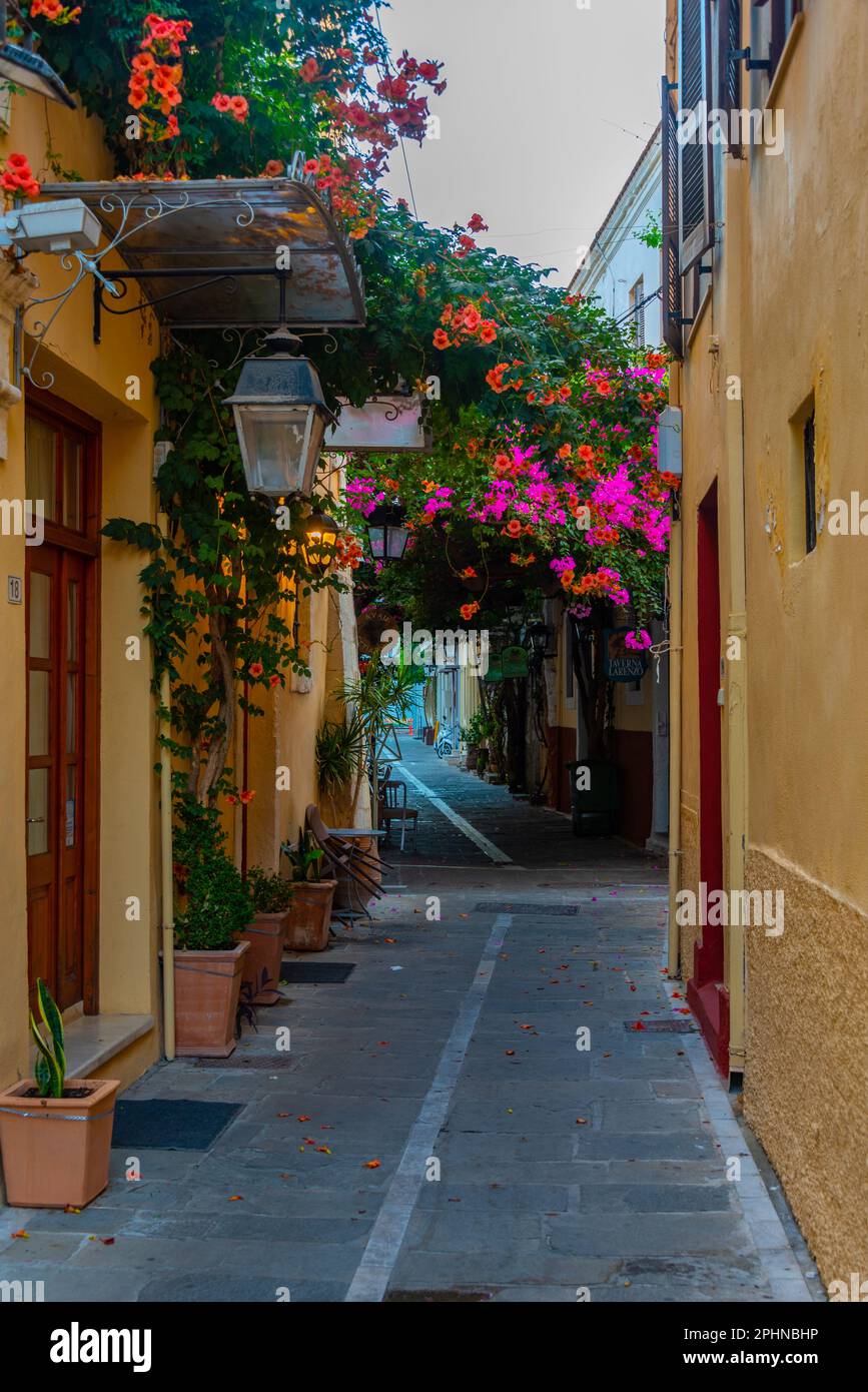 Sunrise view of a colorful street in the old town of Rethimno at Crete ...