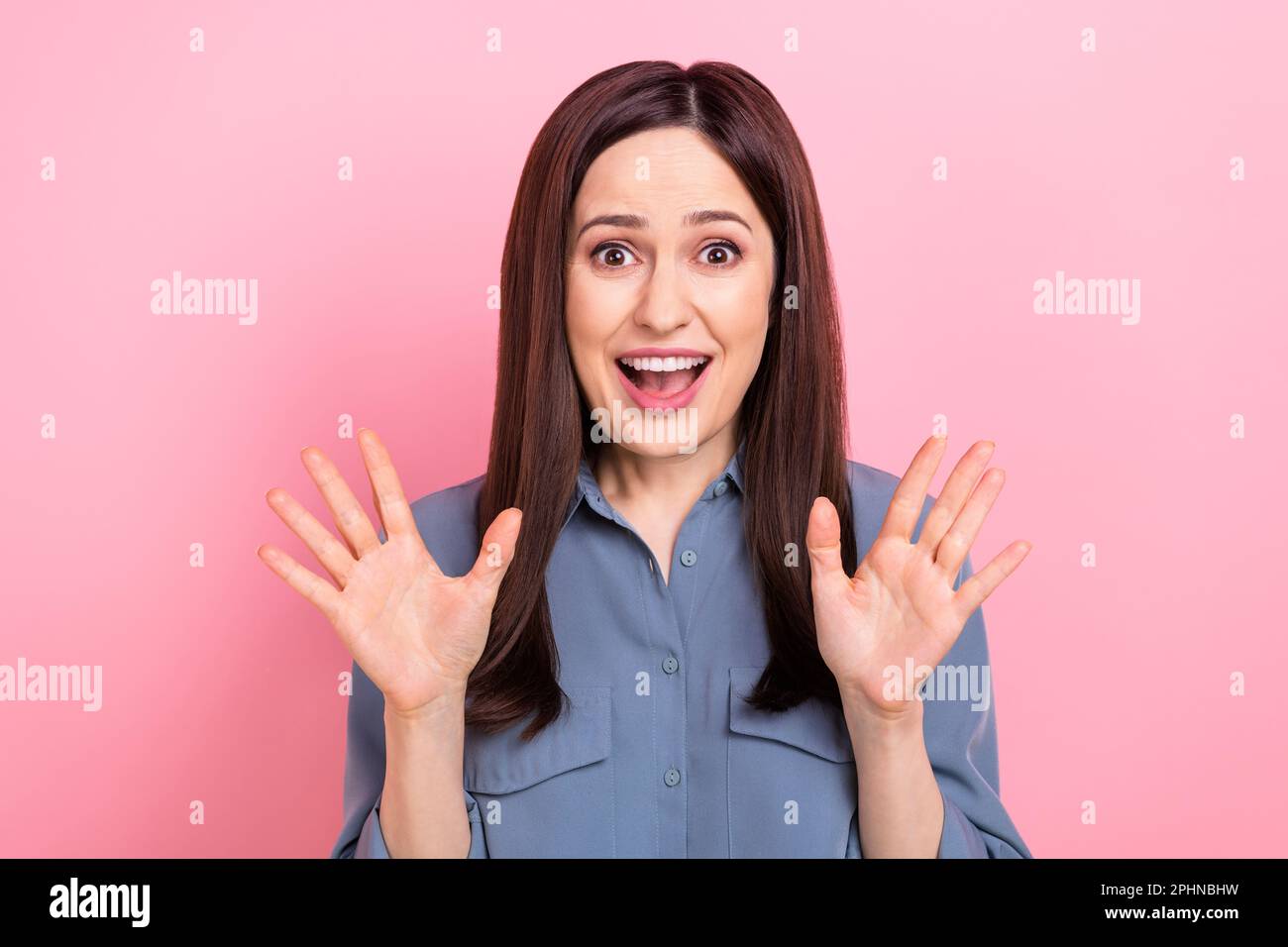 Portrait of mature age overjoyed funky lady raise palms shocked ...