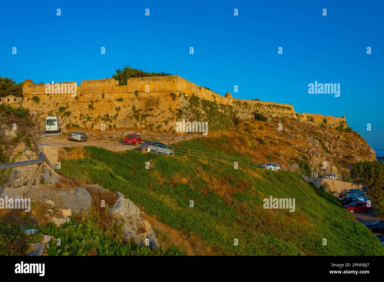 Sunrise view of Venetian Fortezza Castle in Greek town Rethimno, Crete ...