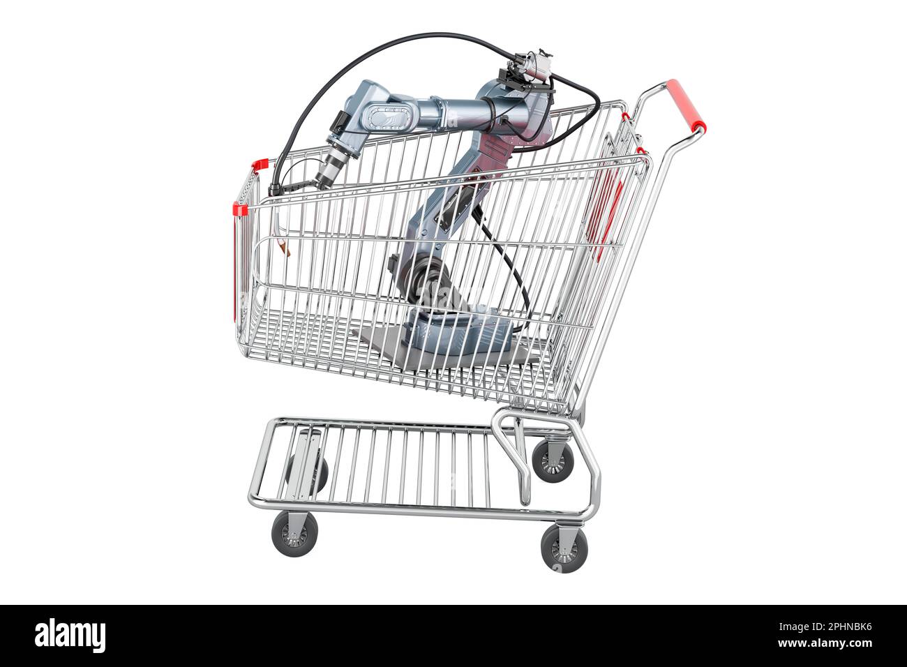 Robot welding inside shopping cart, 3D rendering isolated on white ...