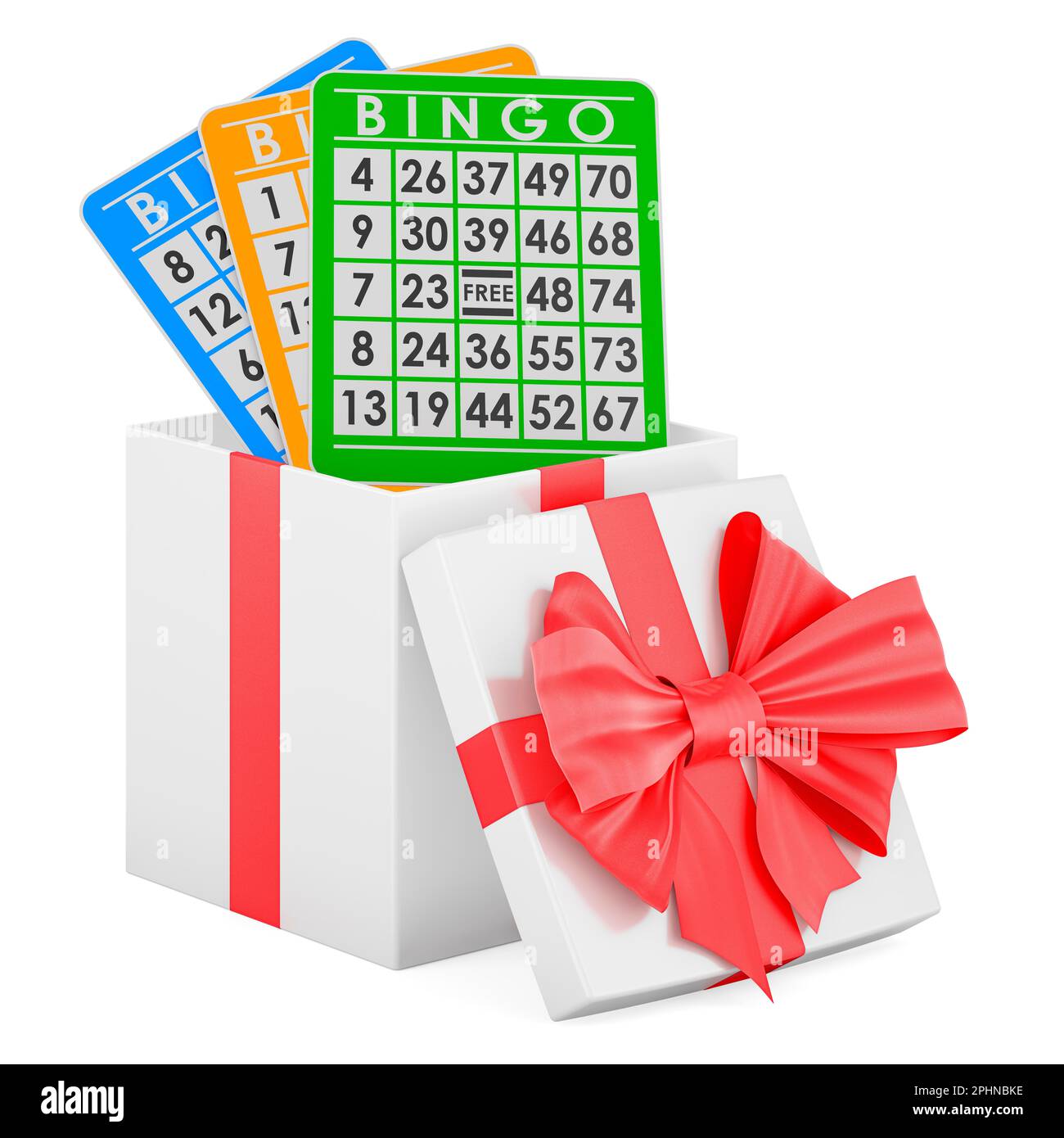 Bingo cards inside gift box, present concept. 3D rendering isolated on ...