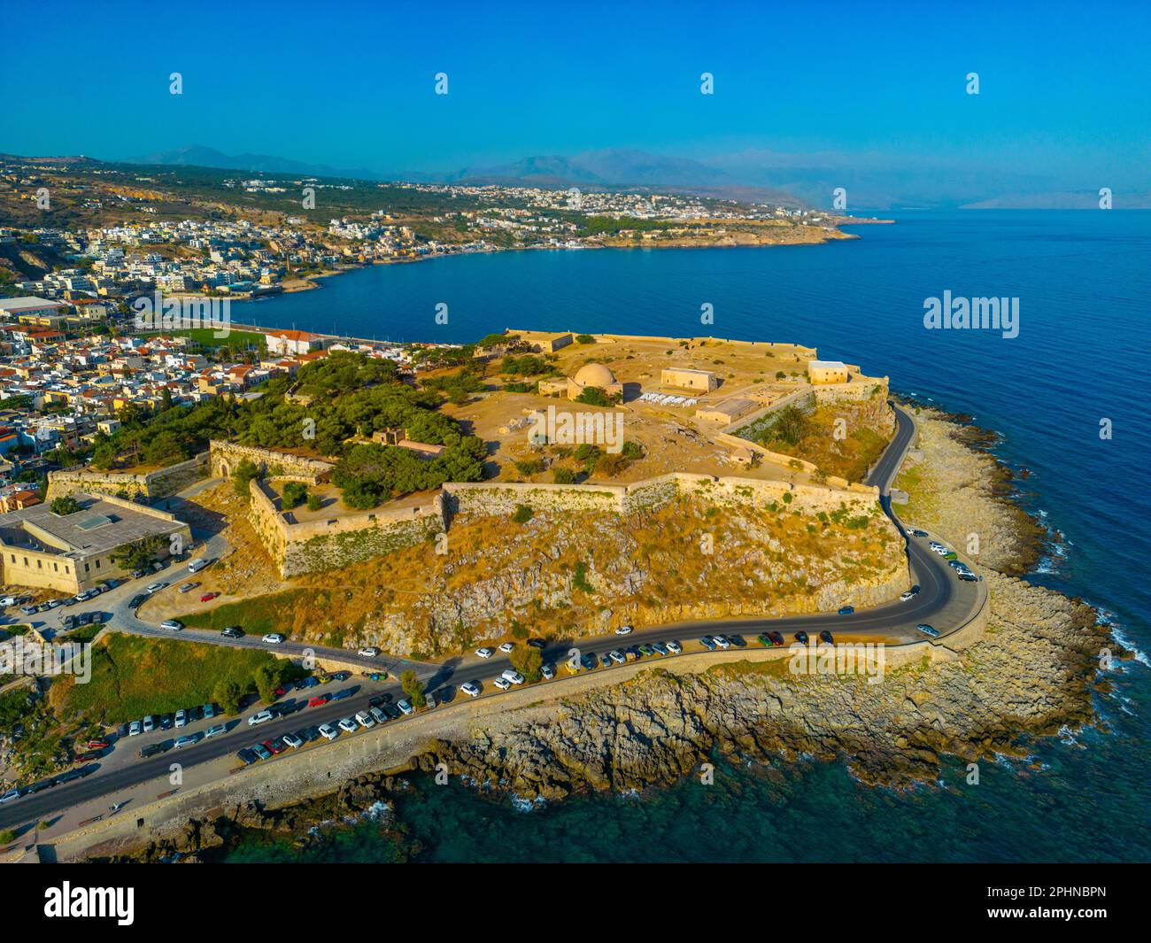 Aerial view of Venetian Fortezza Castle in Greek town Rethimno, Crete ...