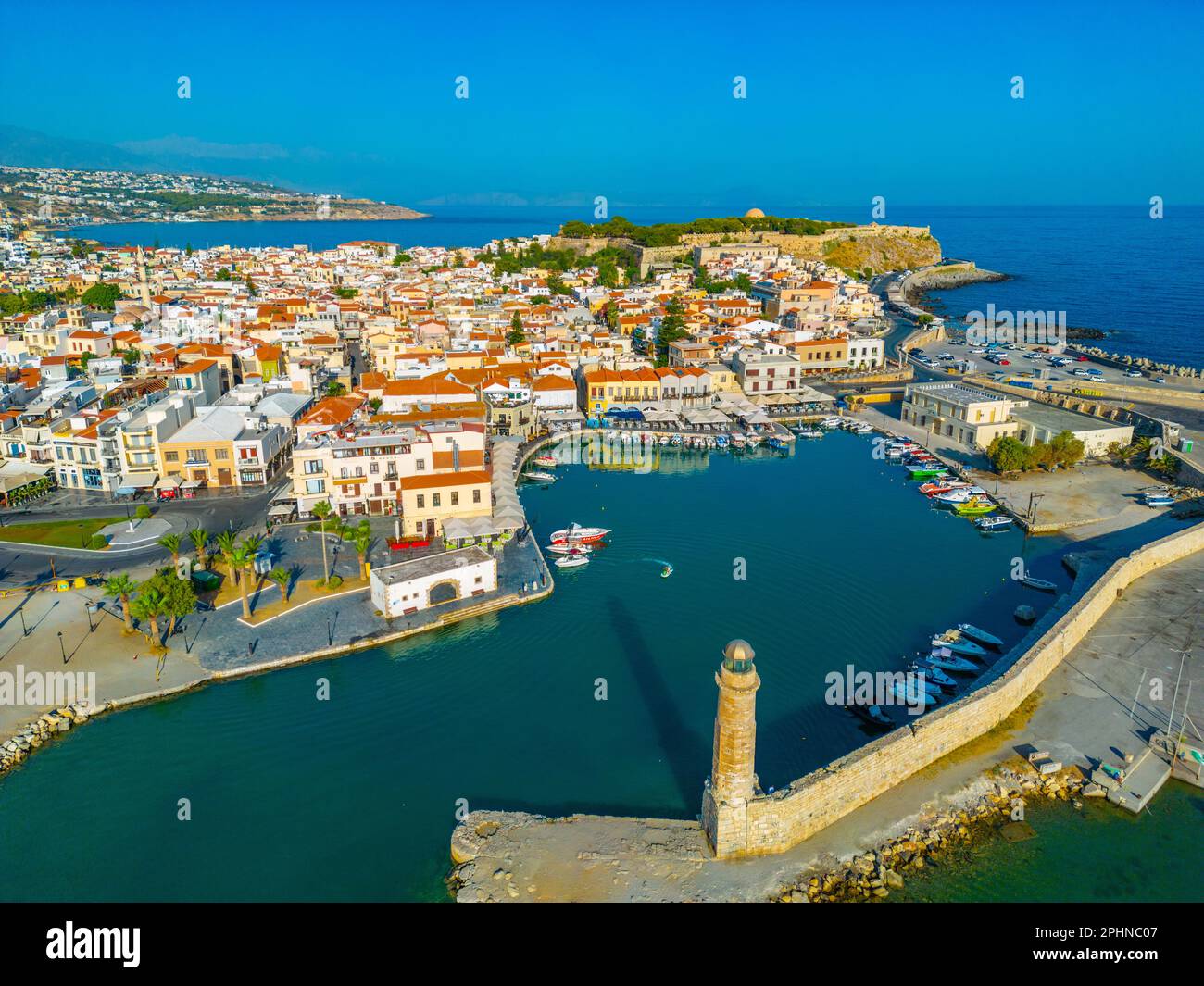 Aerial view of the Venetian harbour in Greek town Rethimno, Crete Stock ...