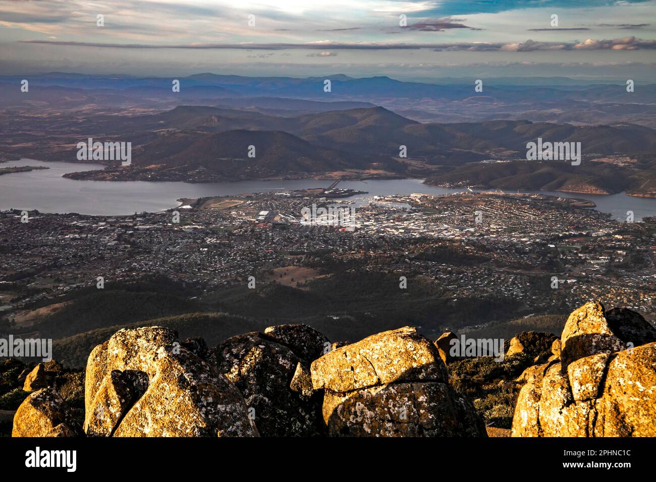 Tasmania, Australia, an aerial view of Hobart taken from Mount ...