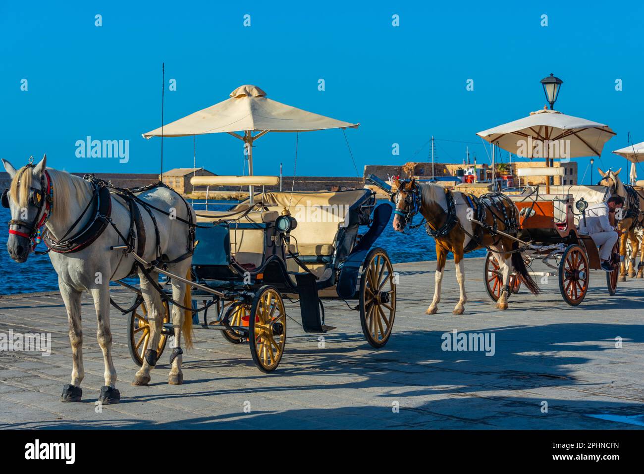 Horse carriage at the Venetian port of Chania in greece Stock Photo - Alamy