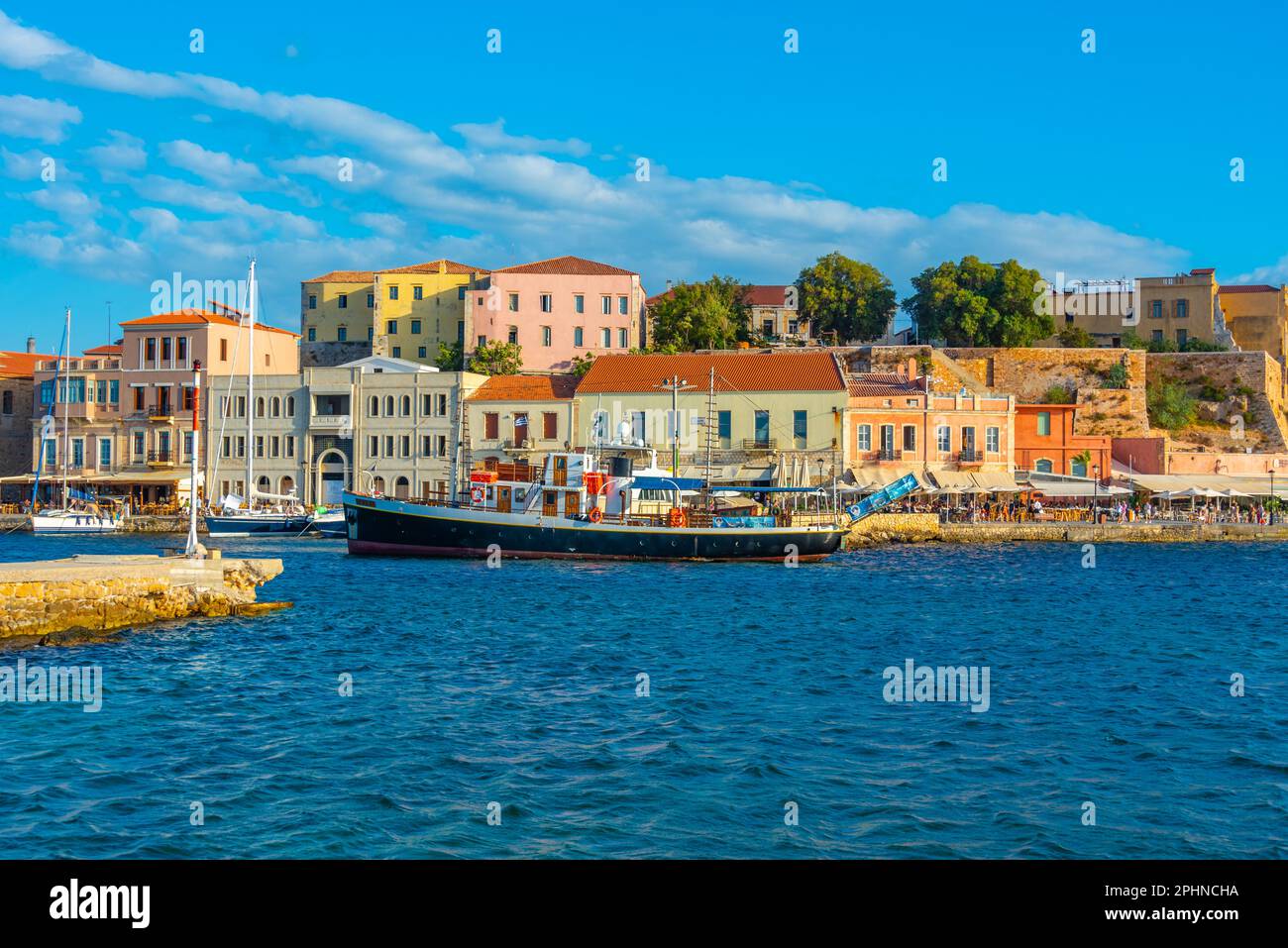 View of the old Venetian harbor at Greek town Chania, Greece Stock ...