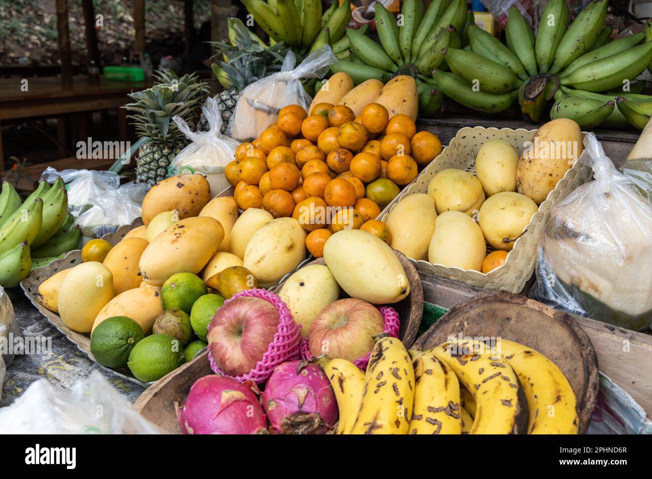 Group of locally grown nutritious tropical fruits display in stall for ...