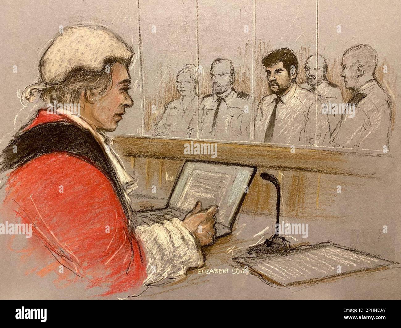 Court artist sketch by Elizabeth Cook of Thomas Cashman (second right ...