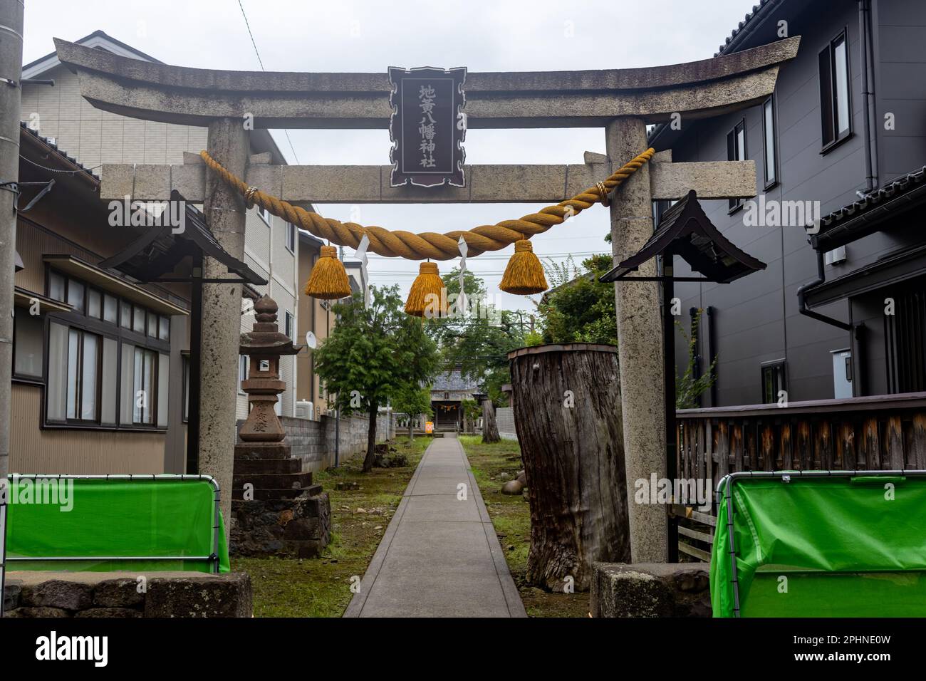 Sacred rope, or shimenawa, and zigzag streamers, or shide, on torii ...