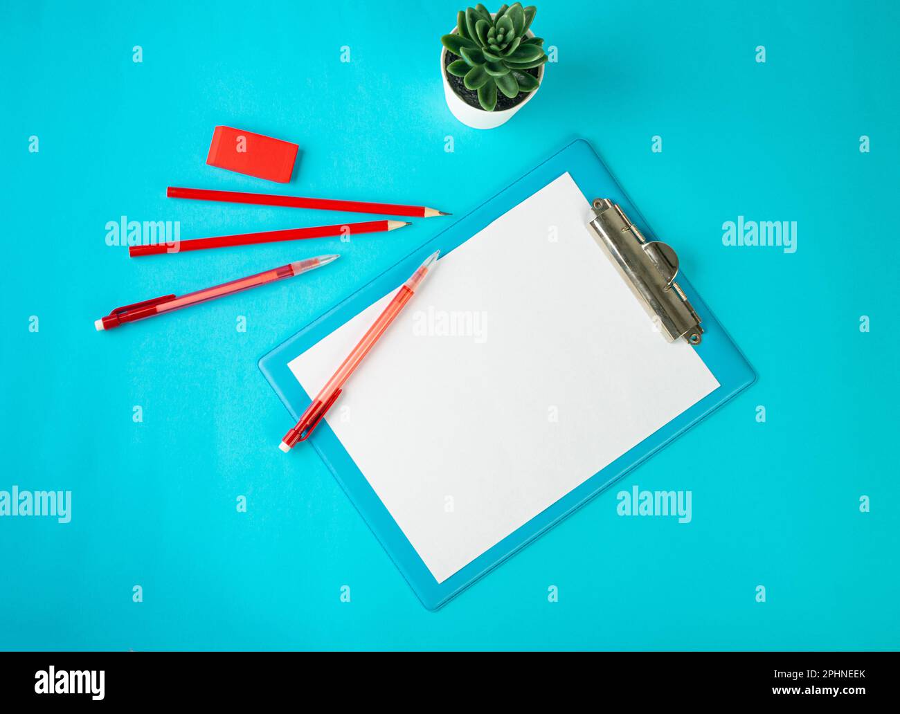 Blank Paper Tablet Top View, Empty White Sheet on Blue Table Flat Lay ...