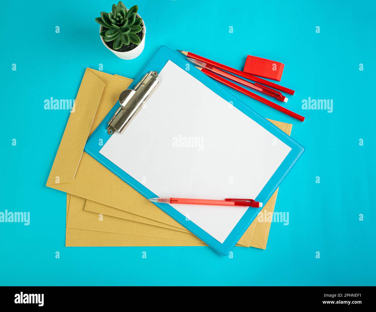 Blank Paper Tablet Top View, Empty White Sheet on Blue Table Flat Lay ...