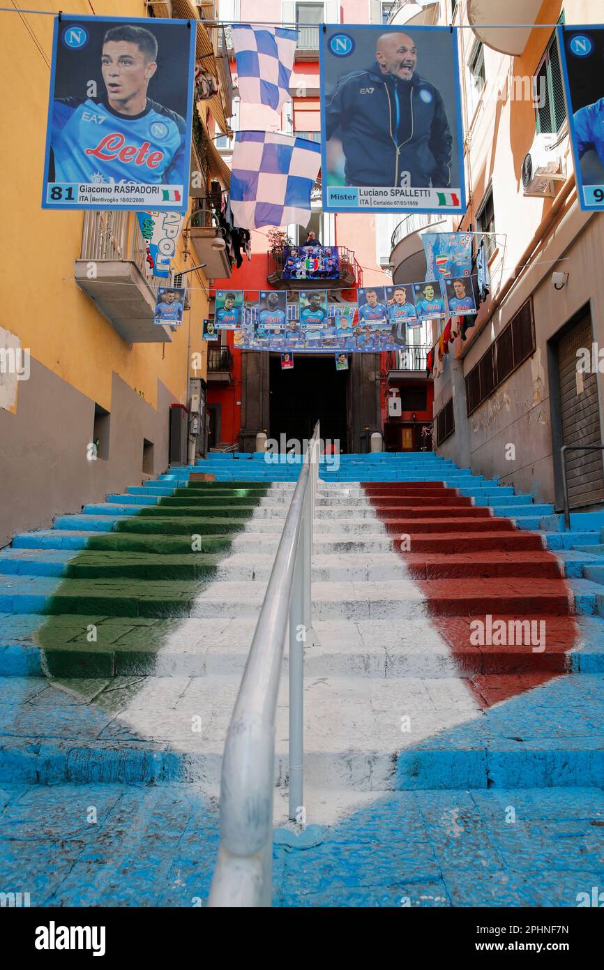 Naples, Italy. 29th Mar, 2023. A staircase in the center of the Spanish ...