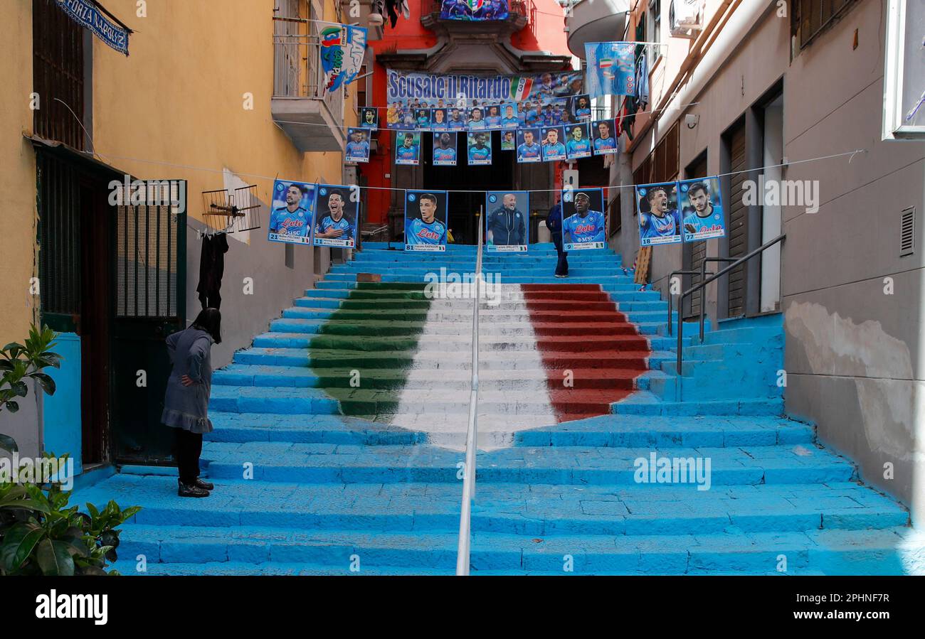 Naples, Italy. 29th Mar, 2023. A staircase in the center of the Spanish ...