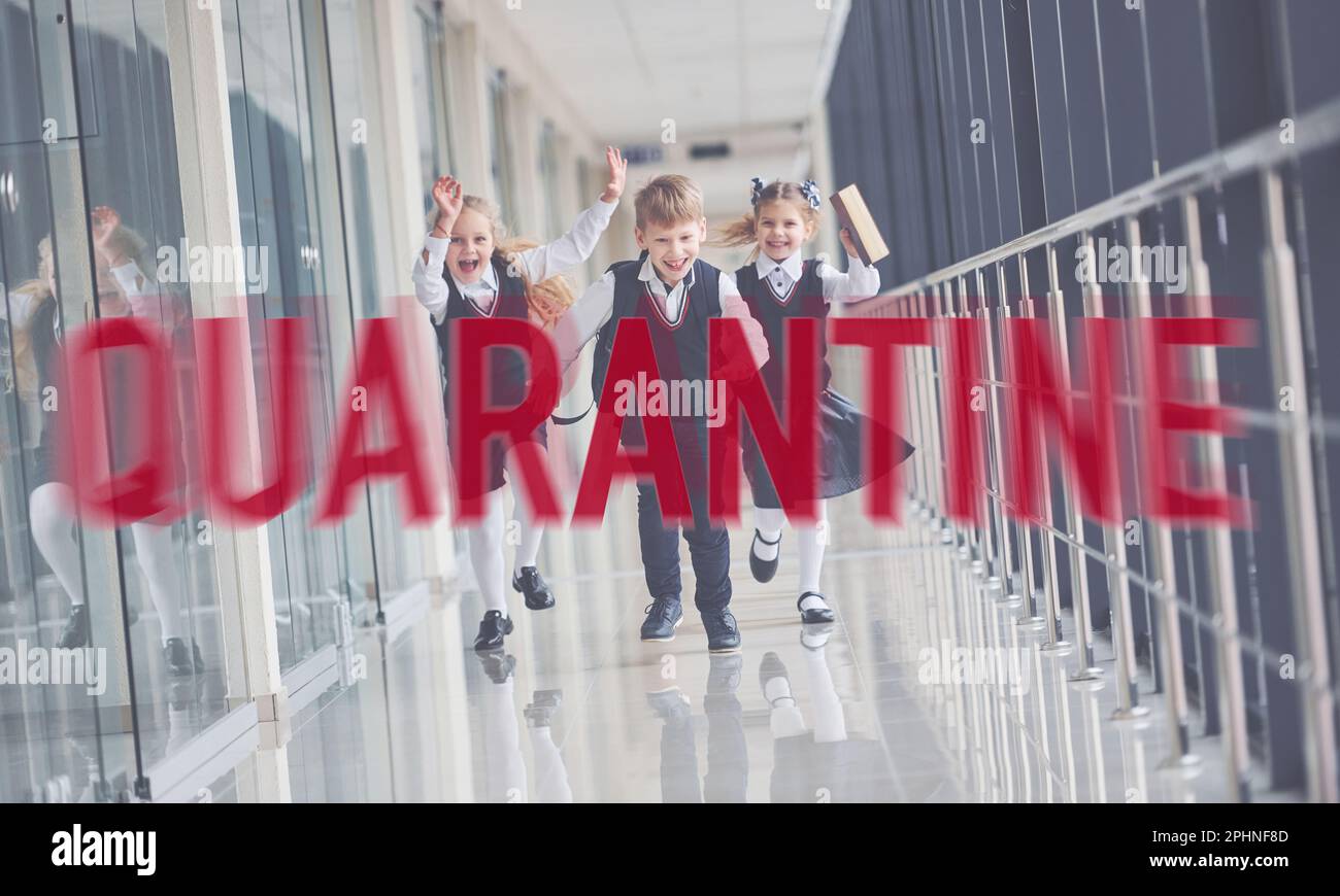 Red quarantine word. Group of kids in school uniform running together ...