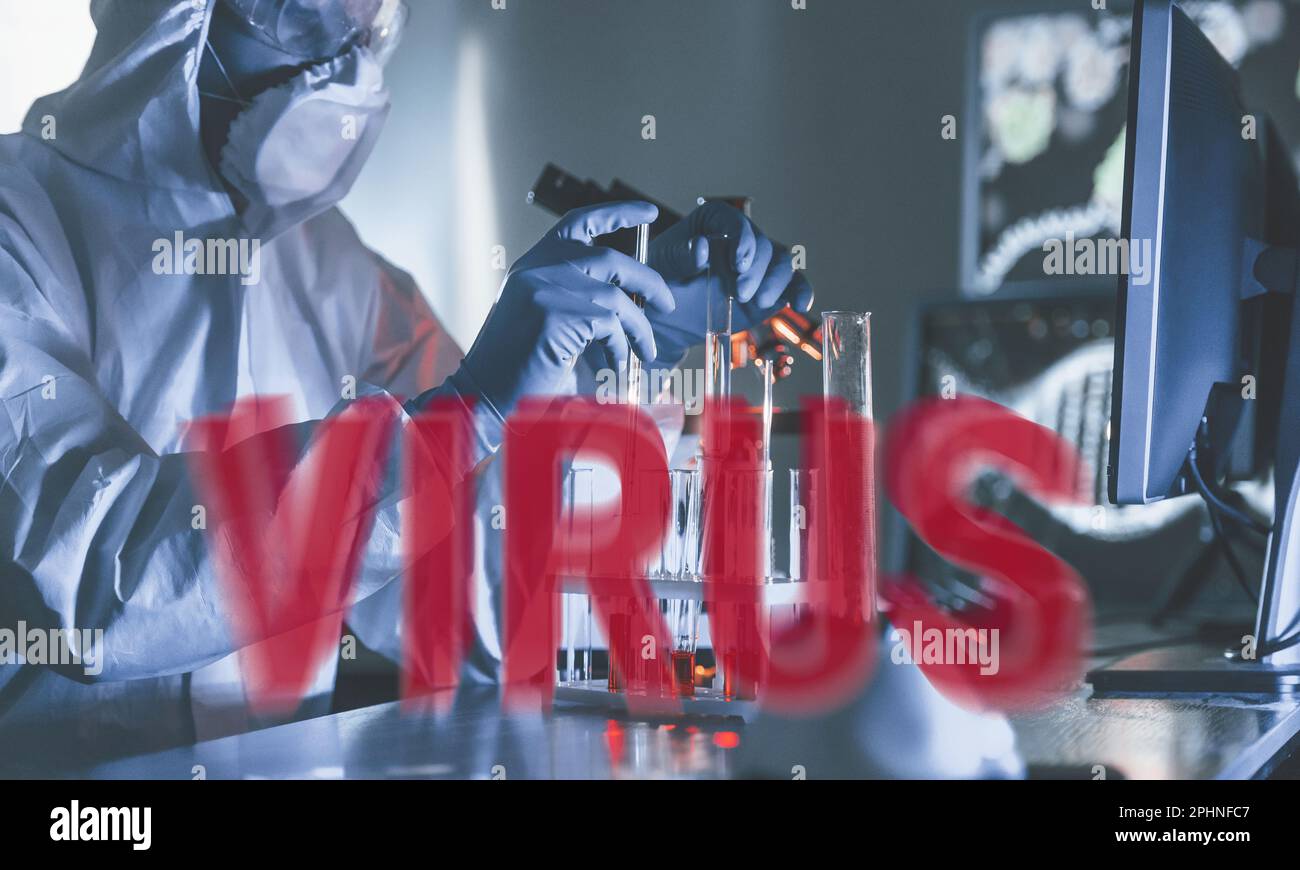 Red virus word. Scientist in protective uniform working with virus ...