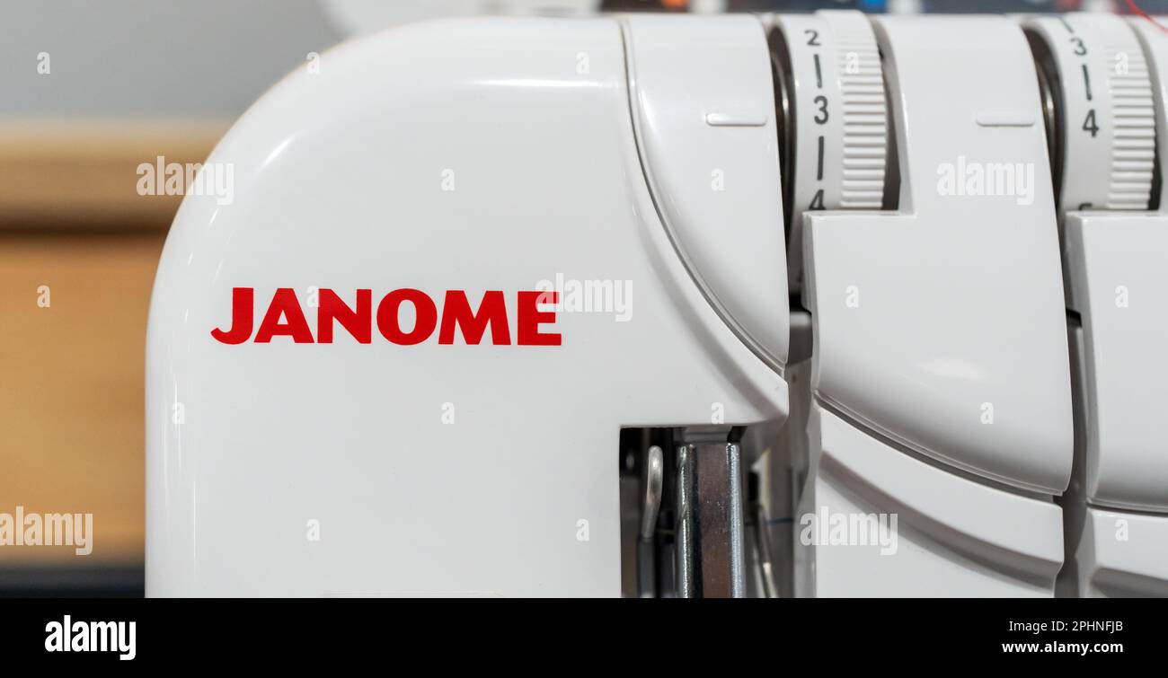 Close-up of Janome brand logo on a sewing machine. Minsk, Belarus, 2023 ...
