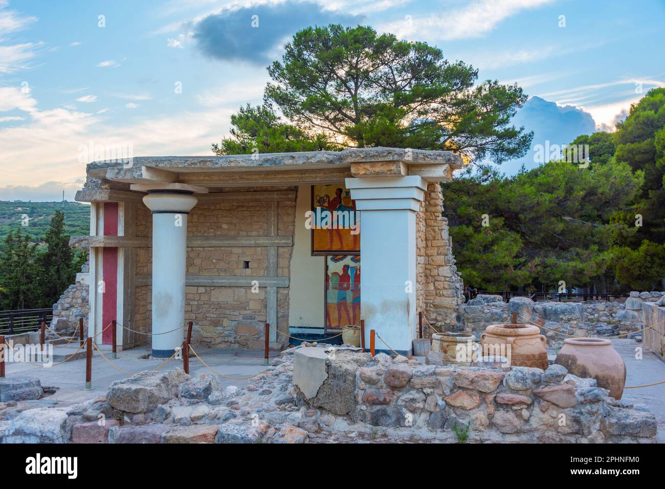 Procession fresco at ruins of Knossos palace in Crete, Greece Stock ...