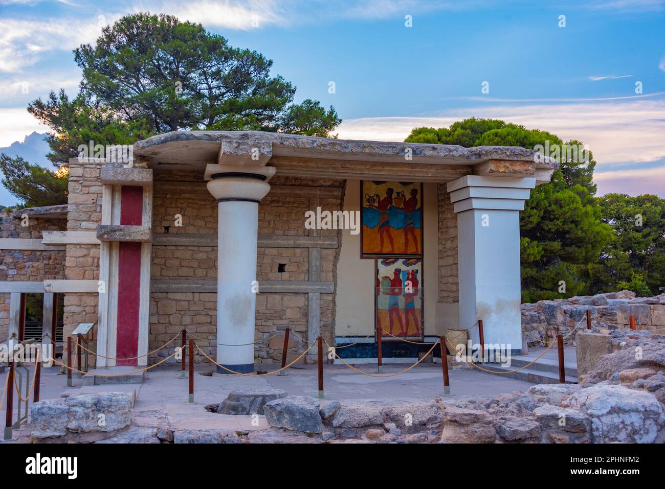Procession fresco at ruins of Knossos palace in Crete, Greece Stock ...