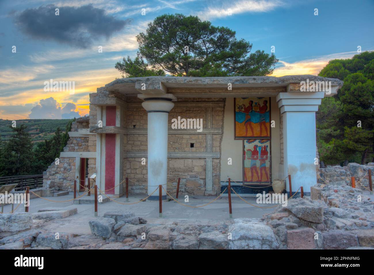Procession fresco at ruins of Knossos palace in Crete, Greece Stock ...