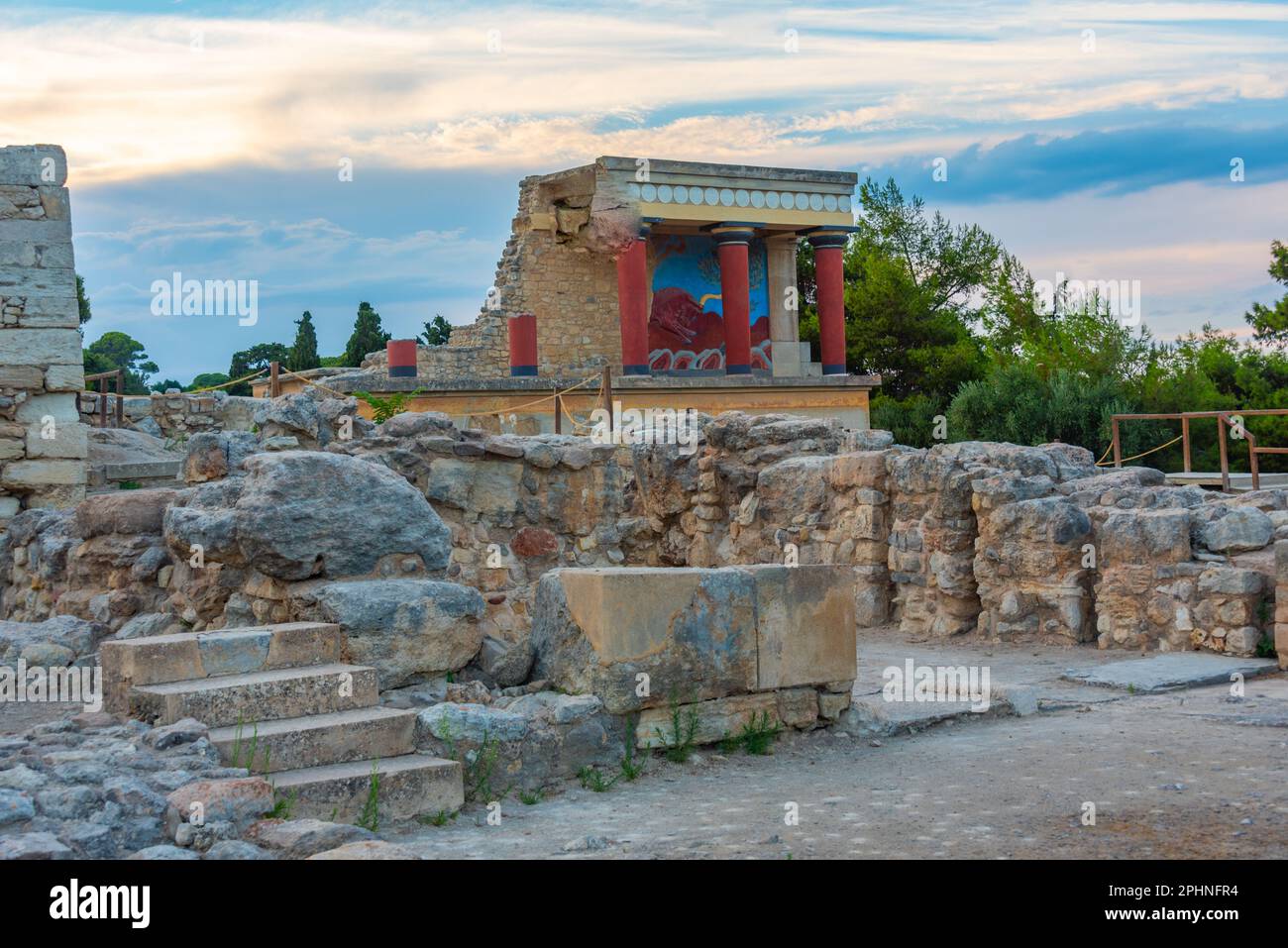 Sunset view of the north entrance to Knossos palace at Greek island ...