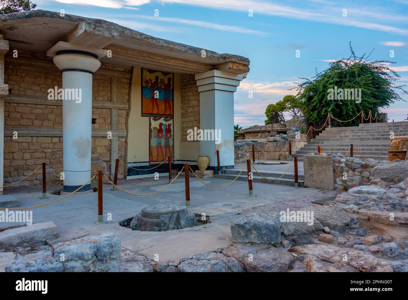 Procession fresco at ruins of Knossos palace in Crete, Greece Stock ...
