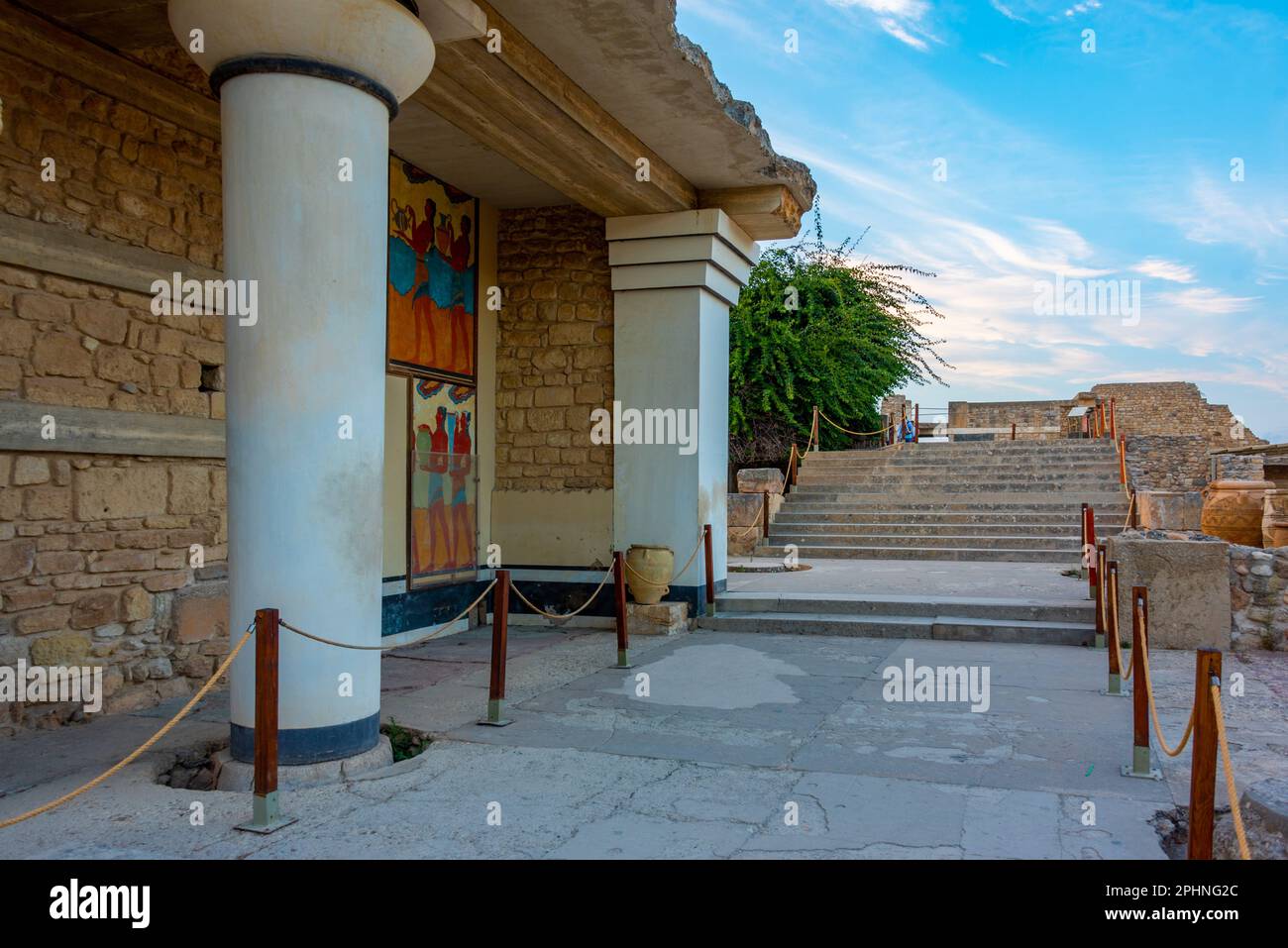 Procession fresco at ruins of Knossos palace in Crete, Greece Stock ...