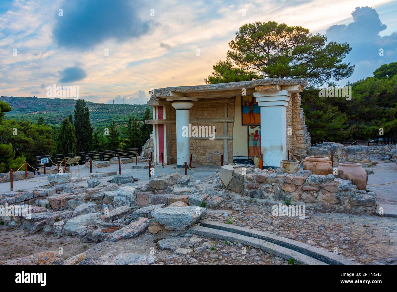Procession fresco at ruins of Knossos palace in Crete, Greece Stock ...