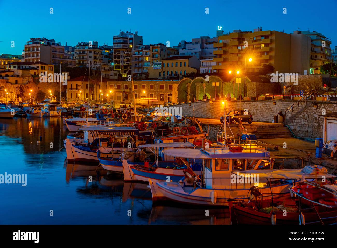 Sunrise view of marina in Greek port Heraklion at Crete island Stock ...