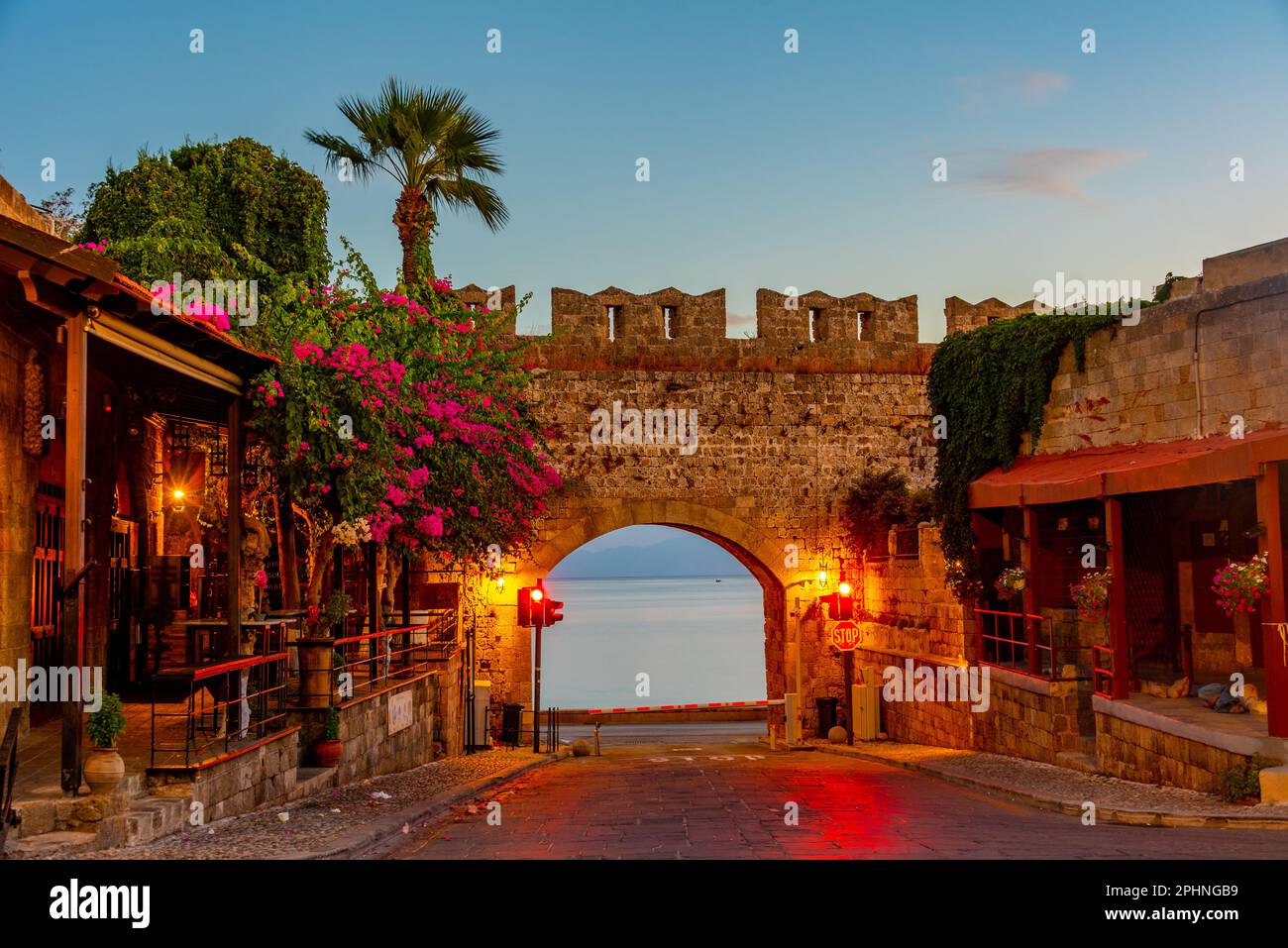 Sunrise view of Virgin Mary gate at Rhodes in Greece Stock Photo - Alamy
