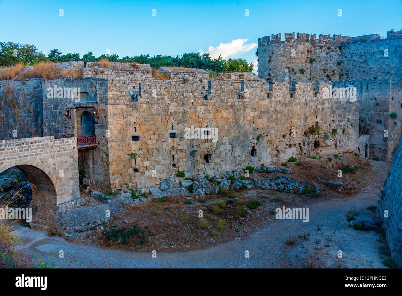Sunrise view of the Saint Athanasios gate of Rhodes in Greece Stock ...