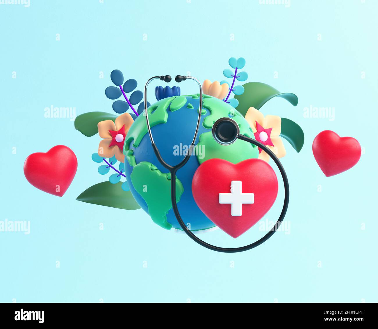 World Health Day flyer background with planet Earth, a stethoscope, red ...