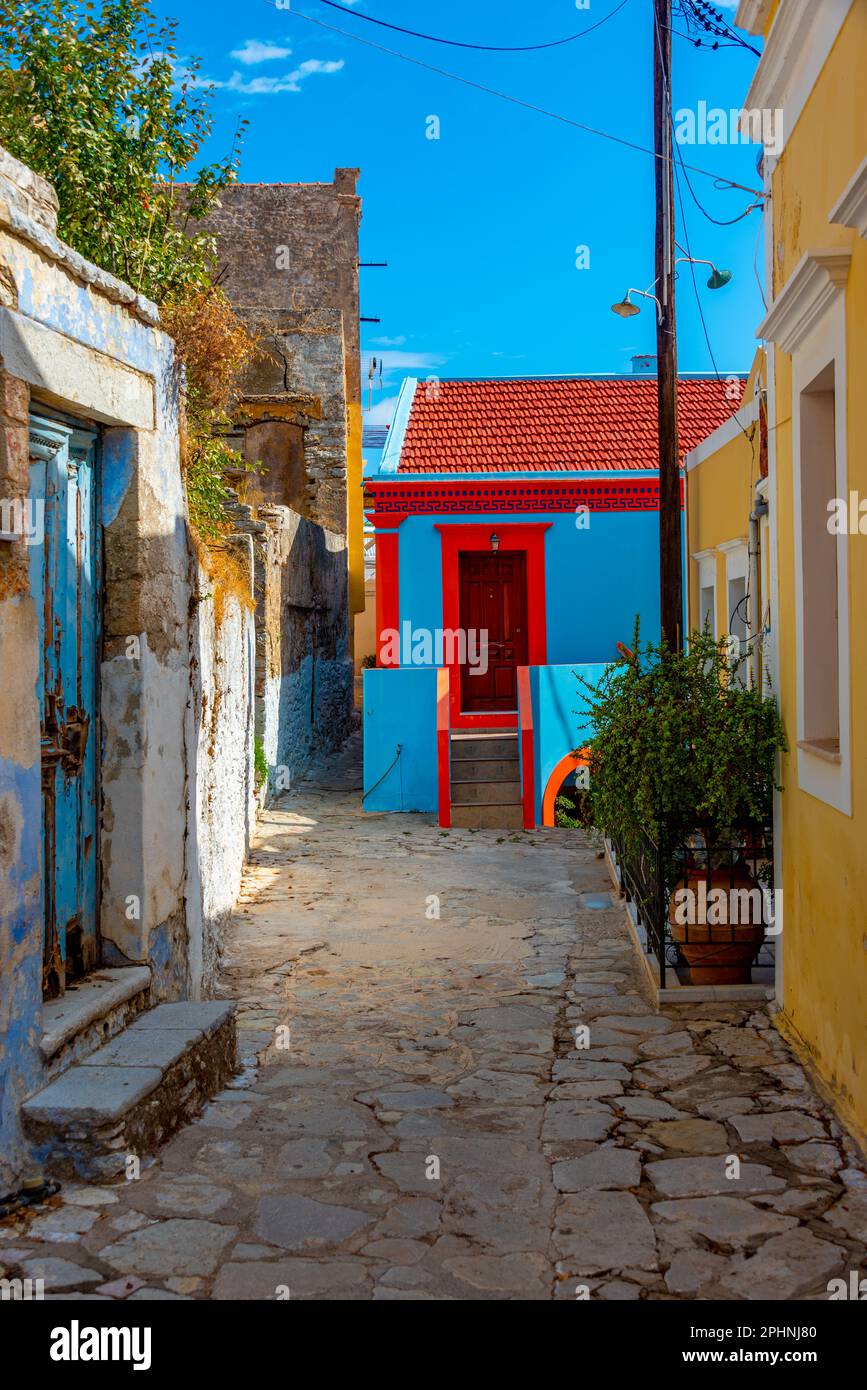 Colorful streets of a town at Greek island Symi Stock Photo - Alamy