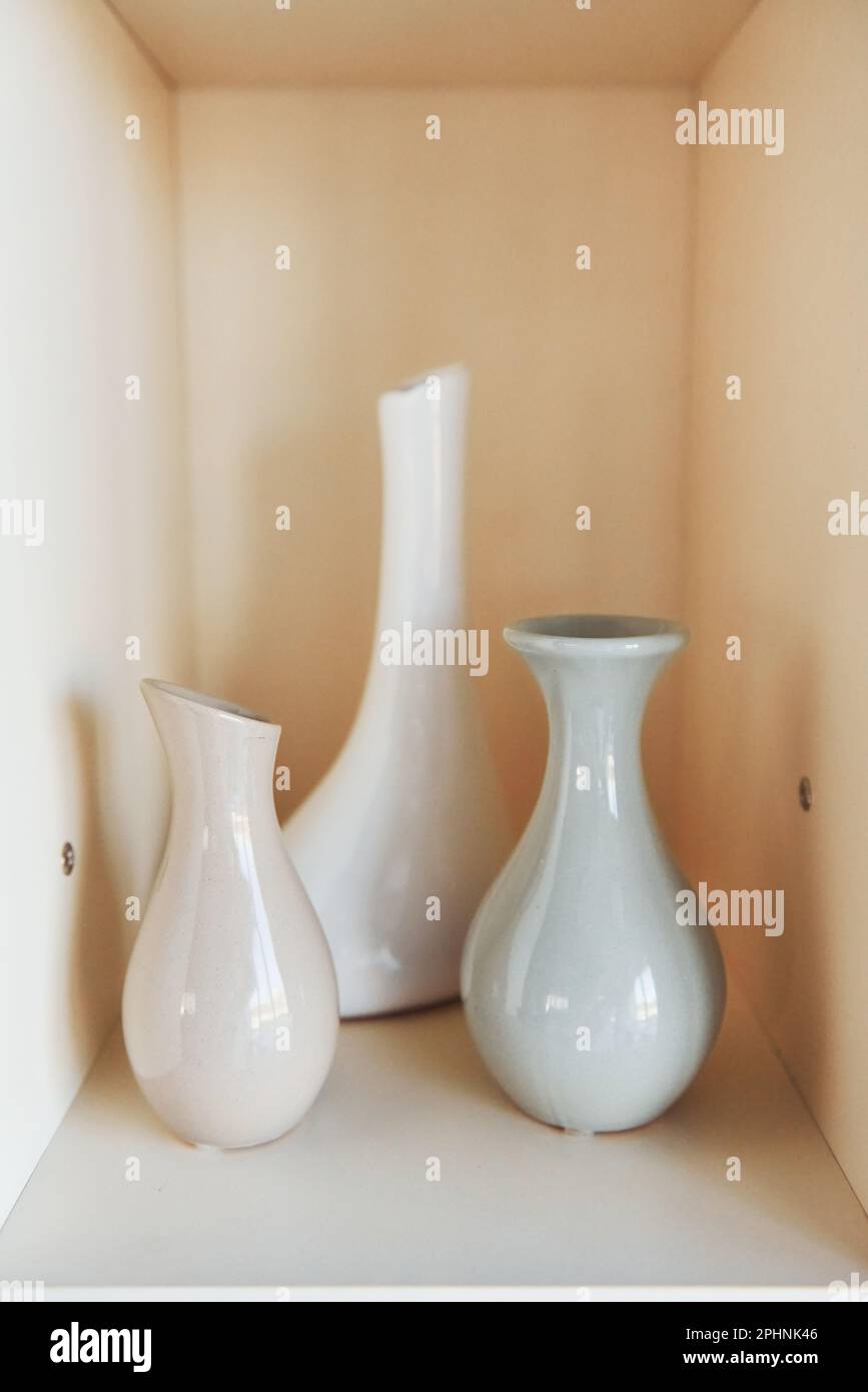 Three vases standing inside of the wall indoors at domestic room Stock ...