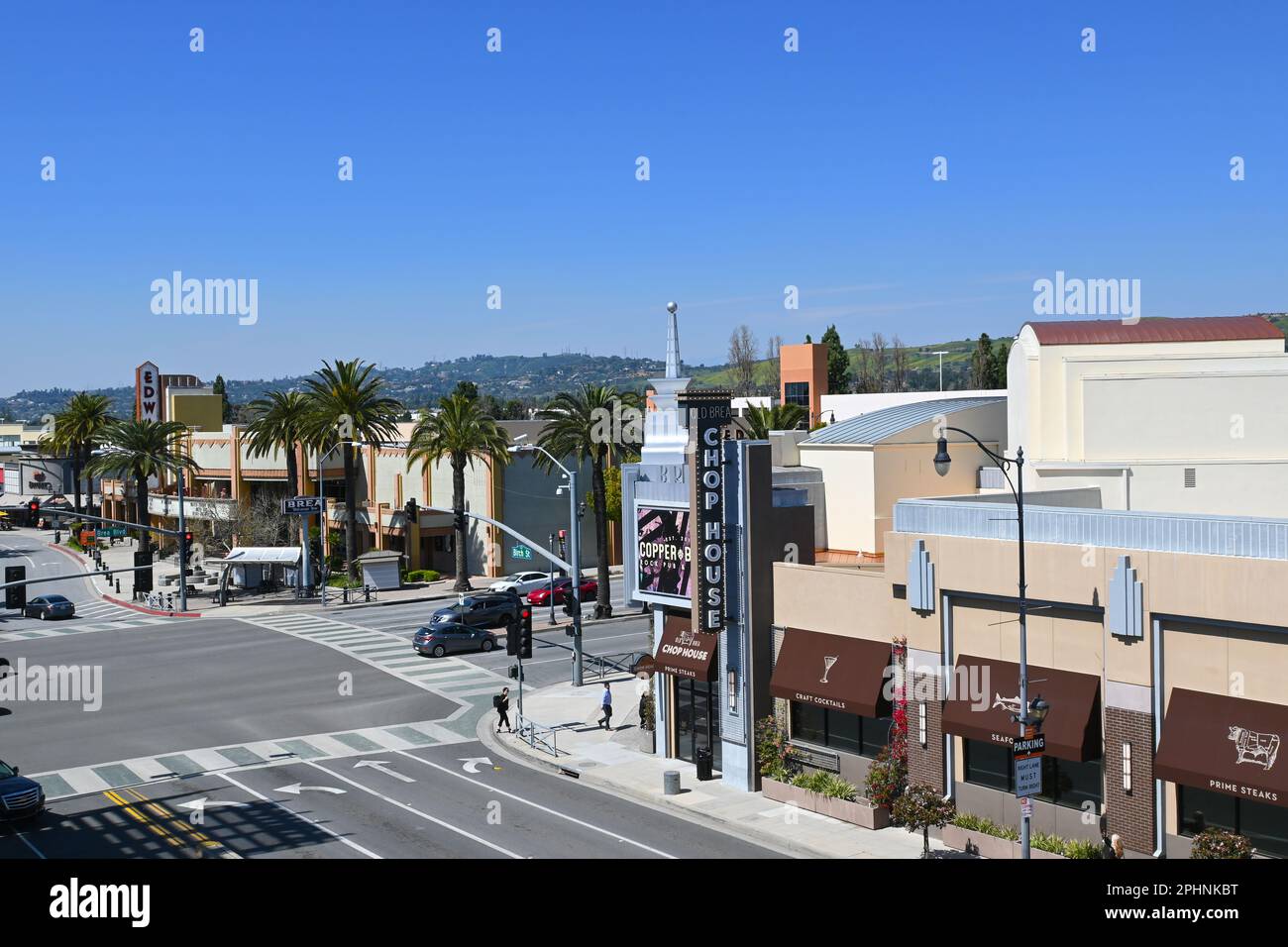 BREA, CALIFORNIA - 28 MAR 2023: Overview of Downtown Brea with The Chop ... BREA, CALIFORNIA - 28 MAR 2023: Overview of Downtown Brea with The Chop ...