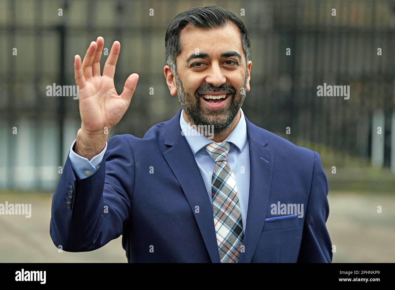 Newly elected First Minister of Scotland Humza Yousaf outside Bute House, Edinburgh, after ...