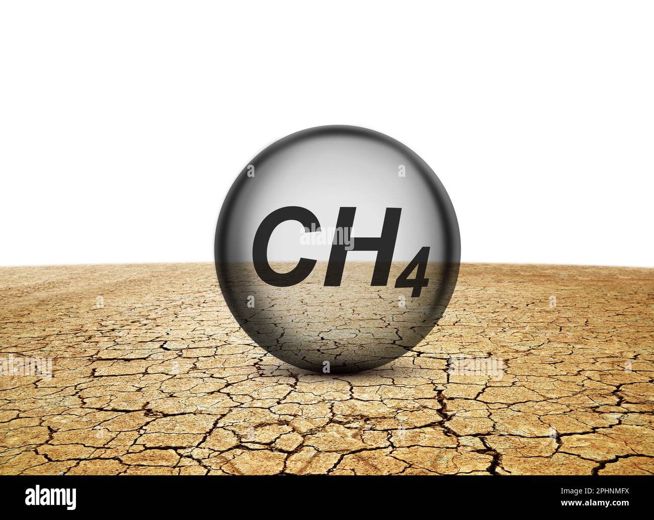 Dry cracked earth and bubble with CH4 text isolated on a white ...