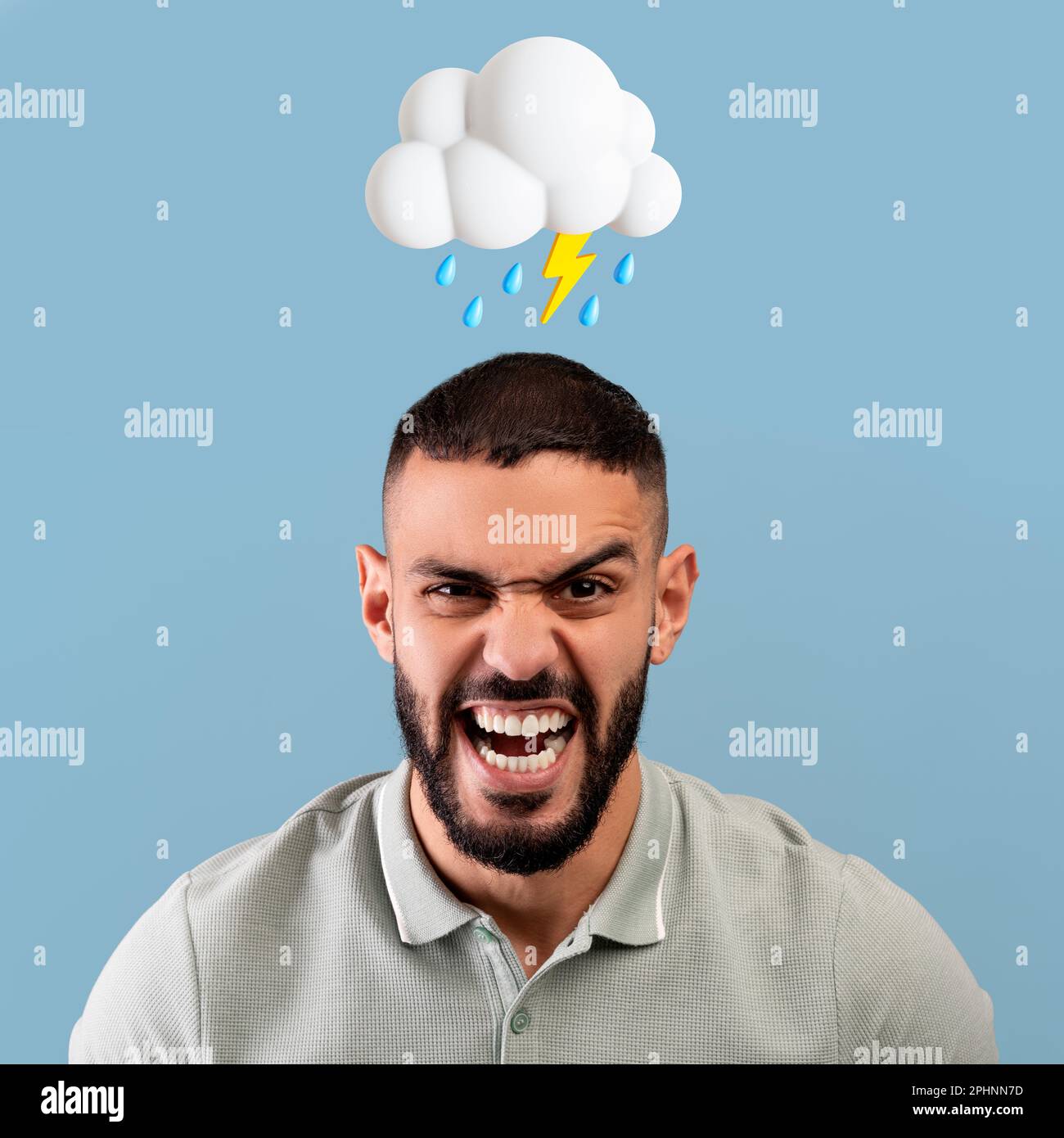 Angry millennial arab guy scream with open mouth with abstract cloud of ...