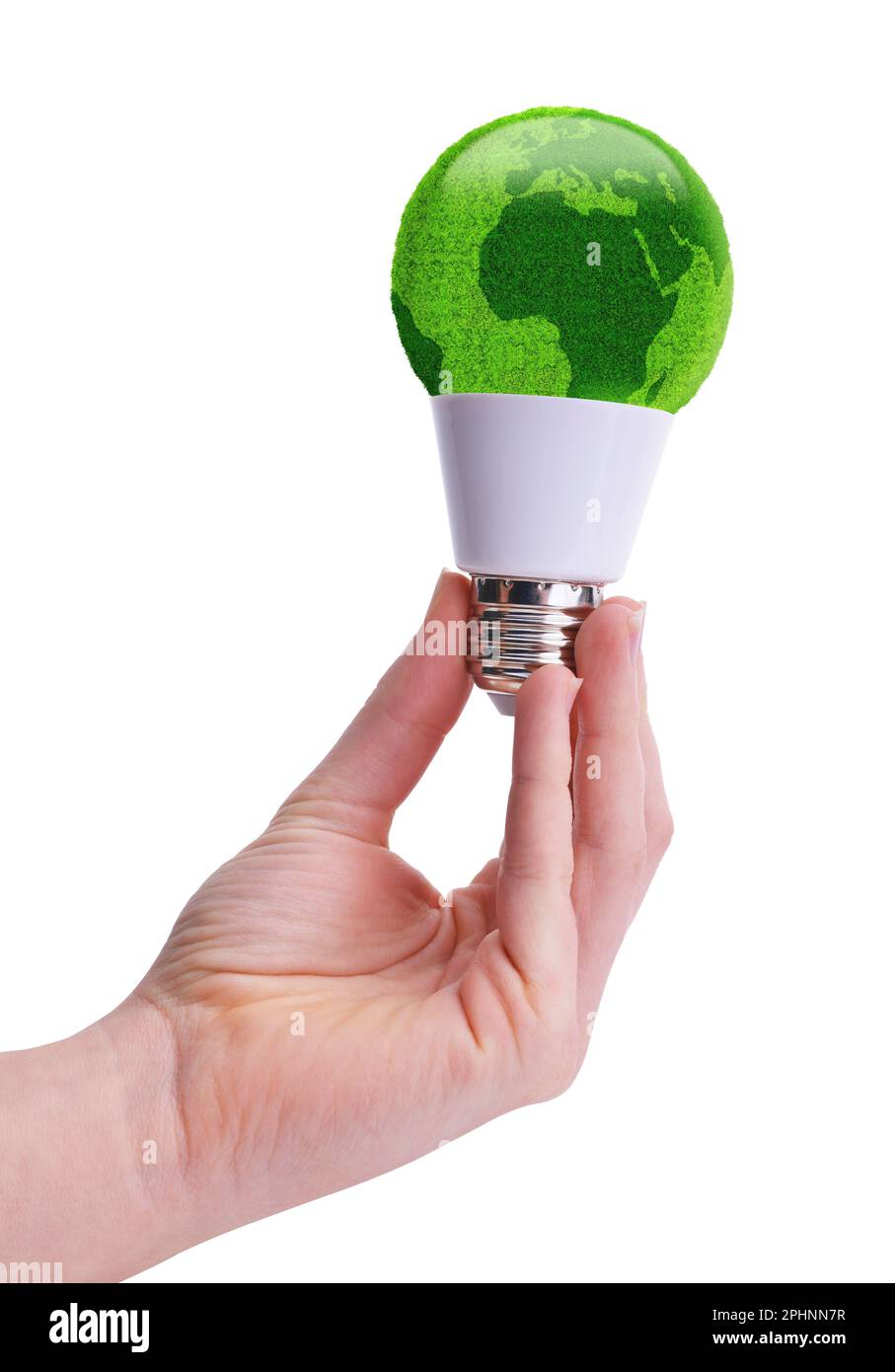 Eco LED bulb in hand isolated on a white background. Green energy ...