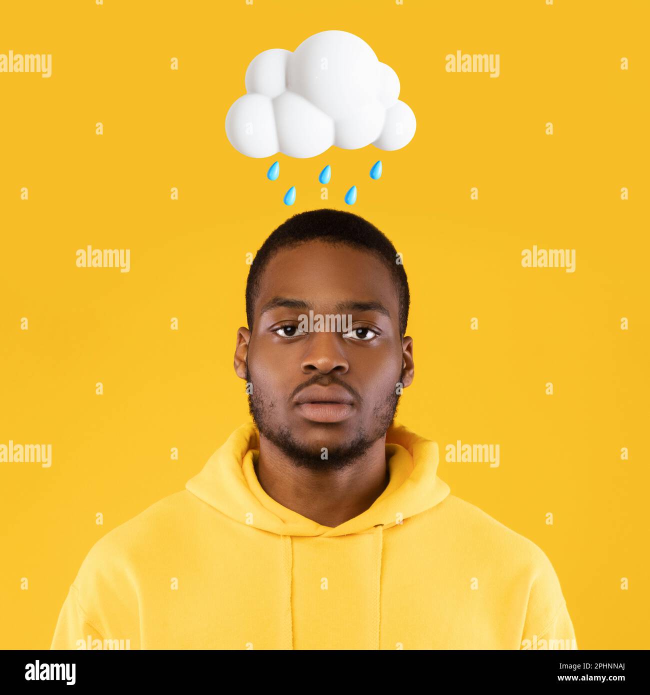 Sad young african american man with abstract cloud and rain sign above ...