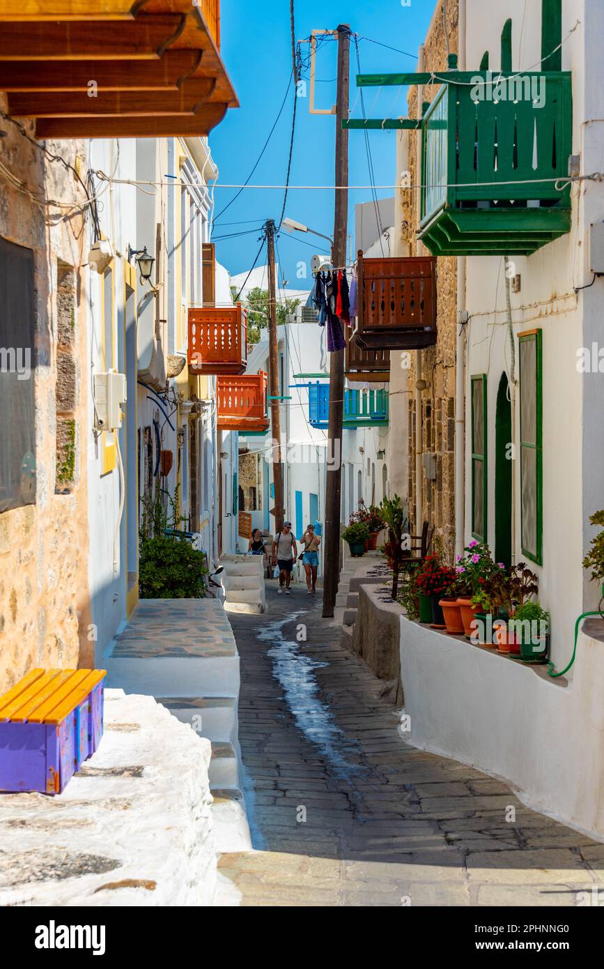 Colorful streets of Mandraki town at Greek island Nisyros Stock Photo ...
