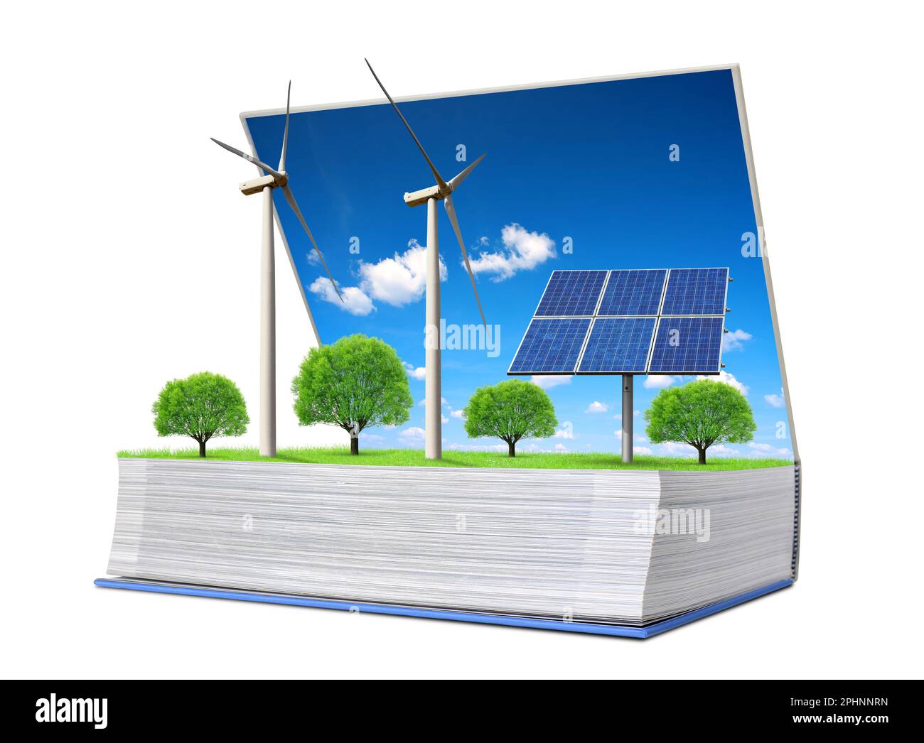 Ecological book with solar panel and wind turbines isolated on white ...