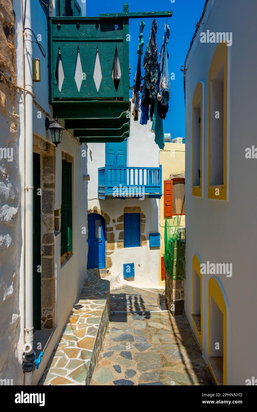 Colorful streets of Mandraki town at Greek island Nisyros Stock Photo ...