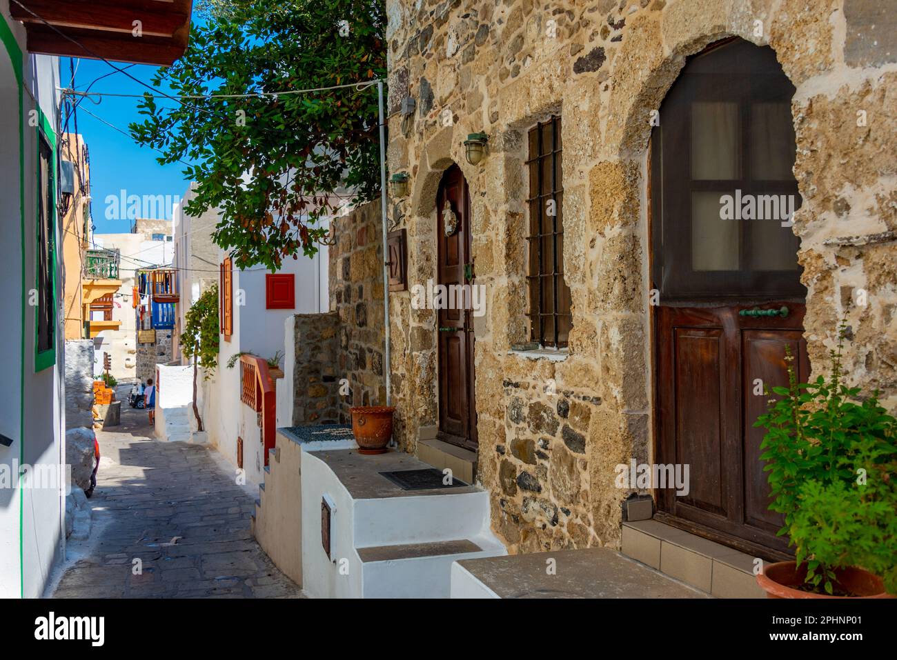 Colorful streets of Mandraki town at Greek island Nisyros Stock Photo ...