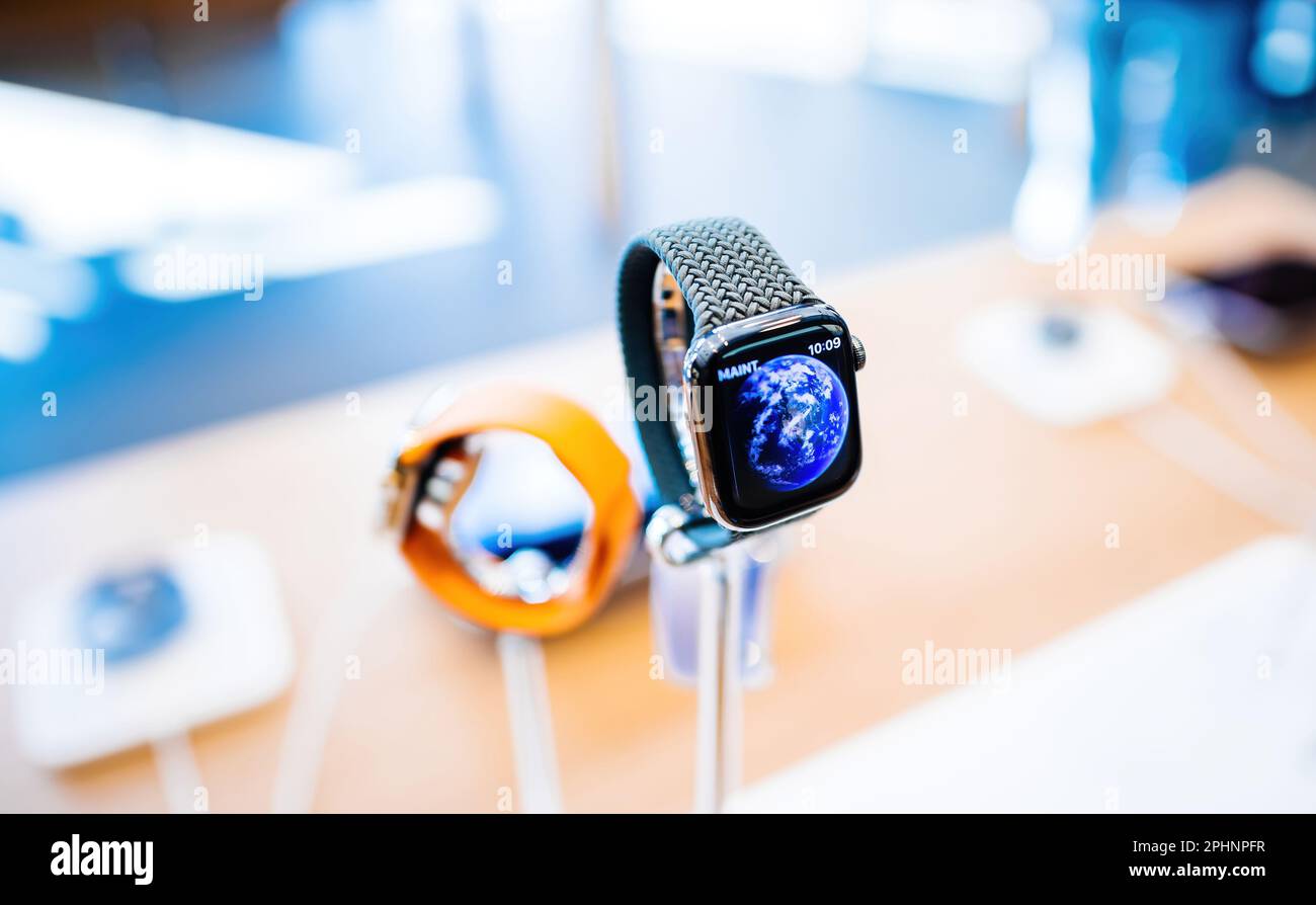 Paris, France - Mar 20, 2023: A modern, computerized smartwatch with a ...